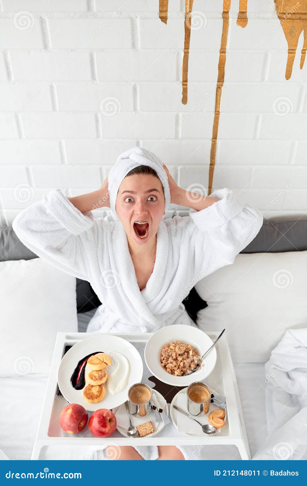 Shocked Girl is Having Breakfast in Bed Stock Image - Image of cozy ...