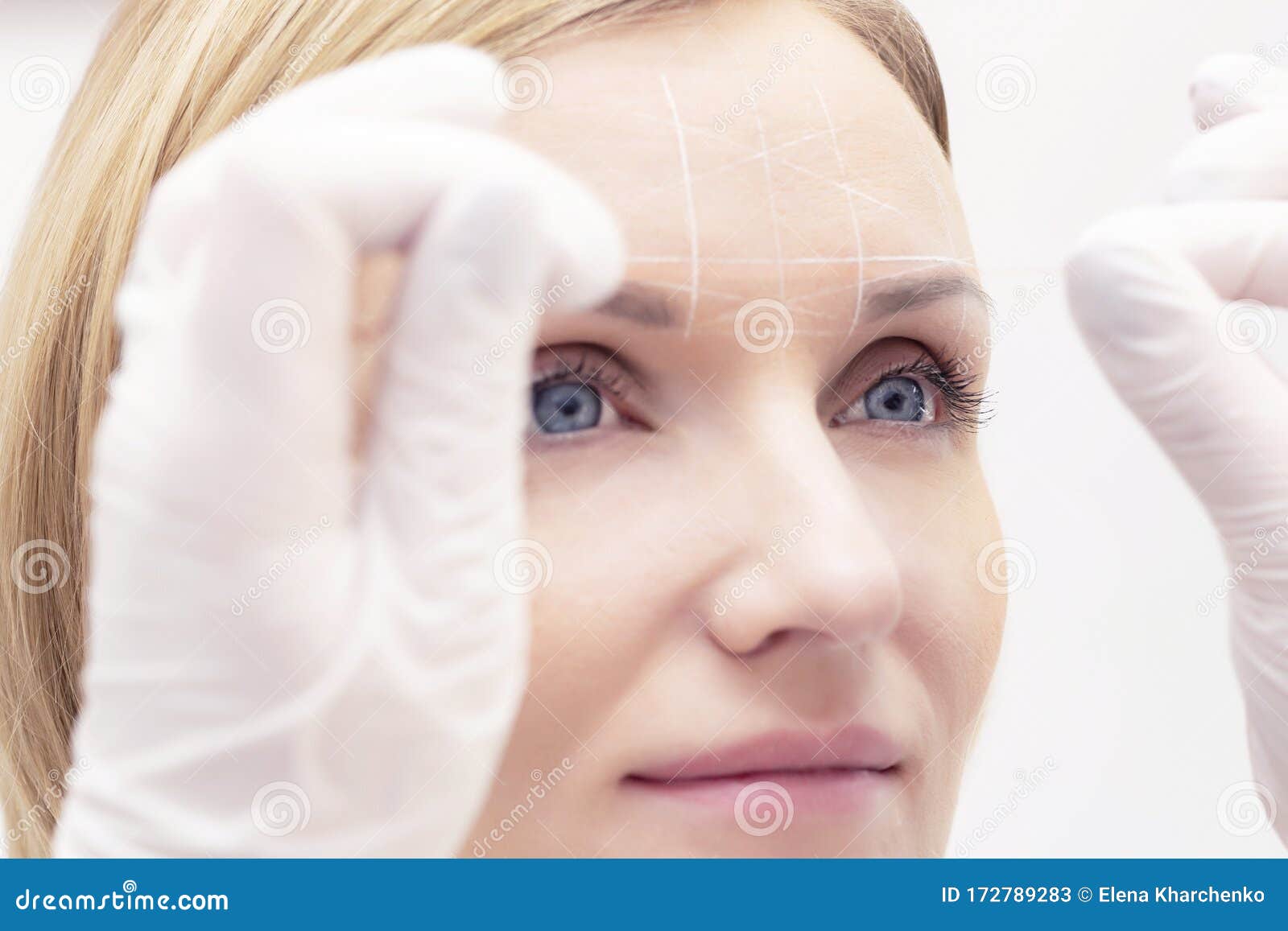 Girl Beautician Marks with the Help of Thread Eyebrow Tattoo. Permanent ...