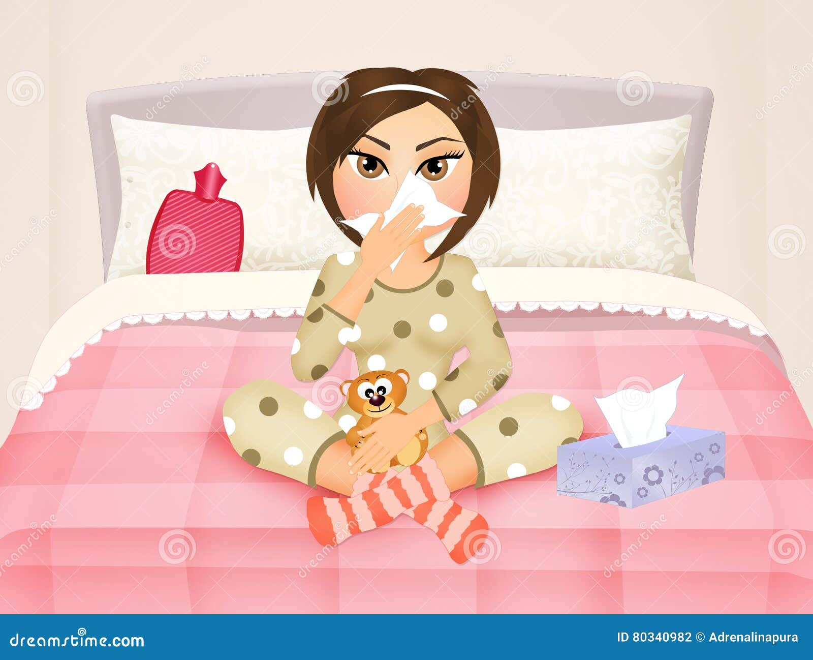 Girl in bed with the flu stock illustration. Illustration of sickness ...