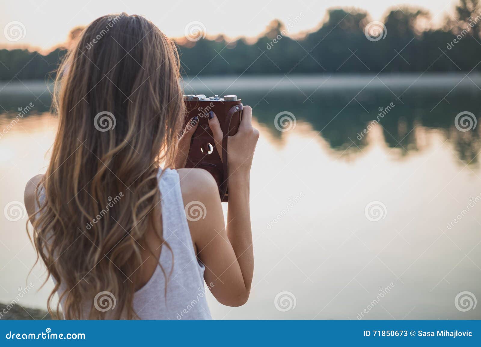 Girl from Behind Photographing on the Beach Stock Image - Image of ...