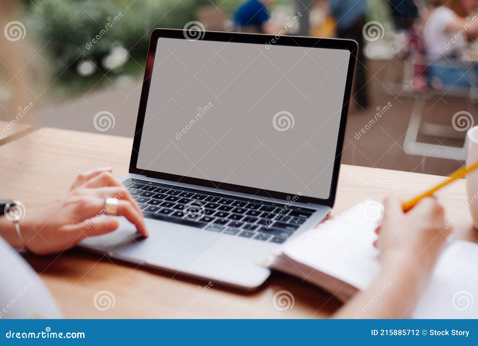 Girl Behind Working Behind Laptop with Blank Screen Stock Photo - Image ...