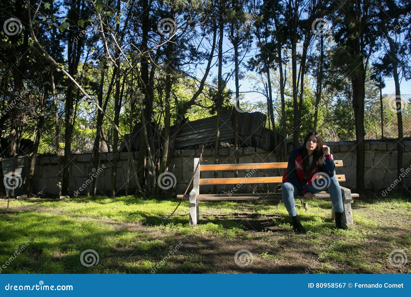Girl in a bench stock image. Image of cute, white, young - 80958567