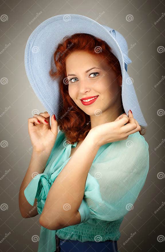 Girl in a Big Blue Hat in the Studio Stock Image - Image of expression ...