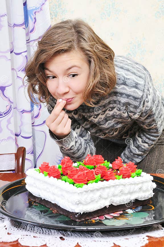 Girl with big cake stock image. Image of caucasian, people - 7649941
