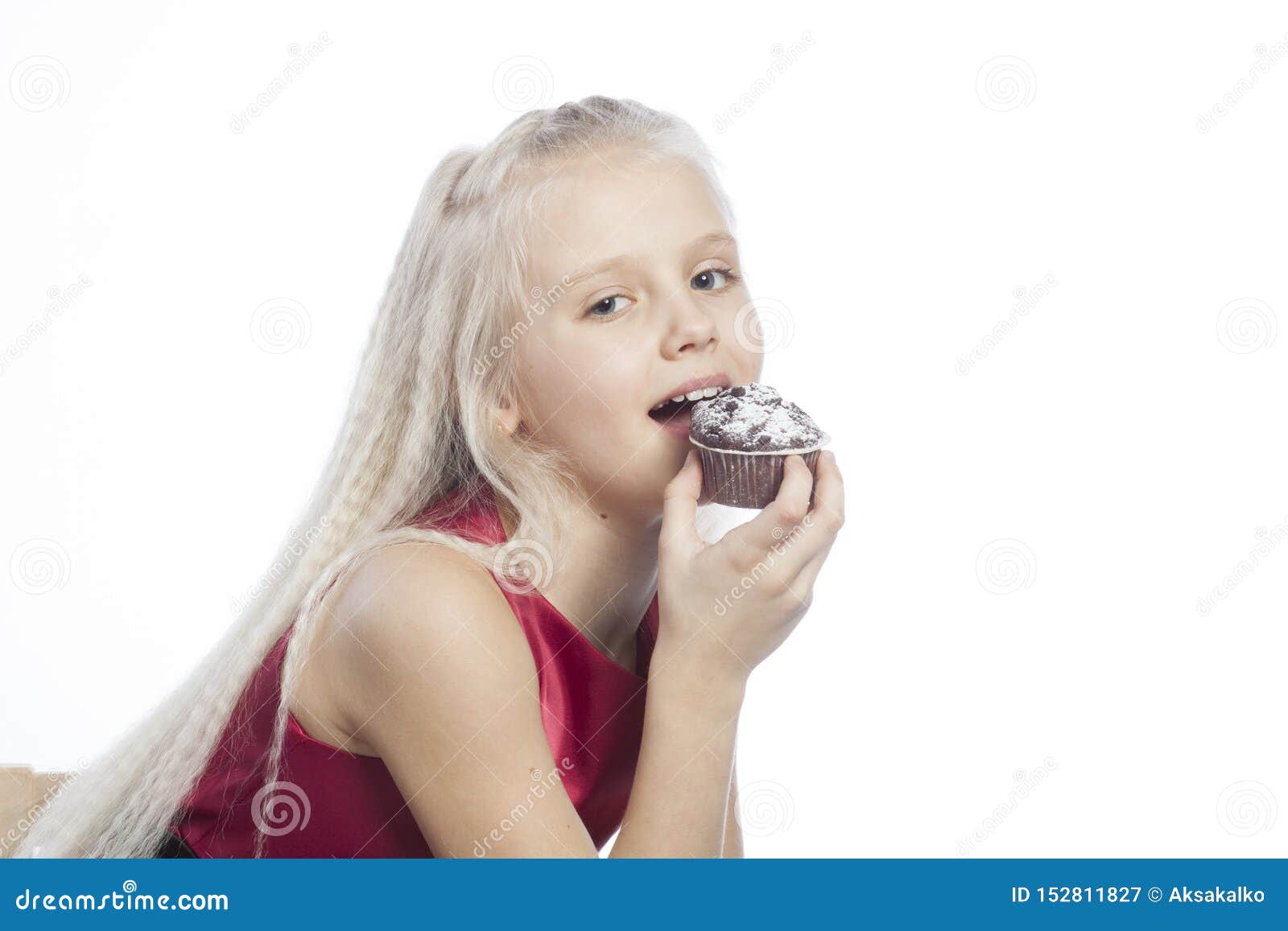 Girl Biting a Chocolate Cake Stock Image - Image of blonde, delicious ...