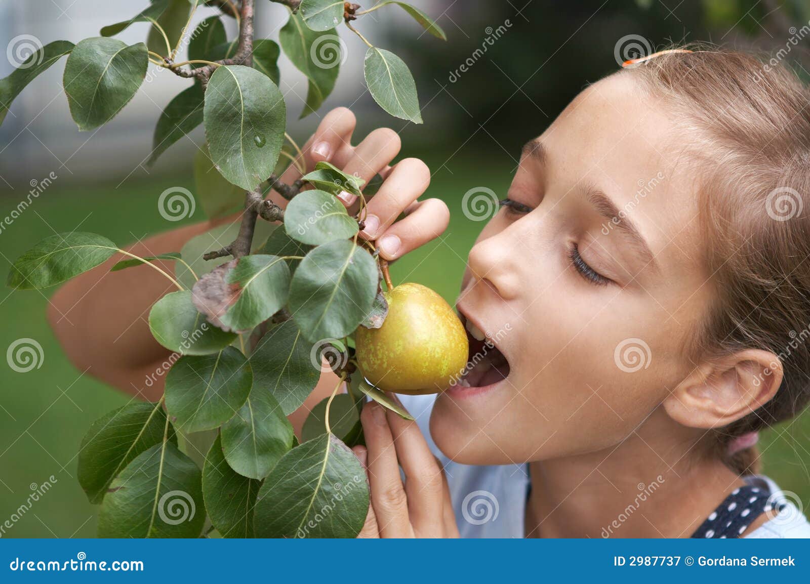 Girl biting a pear stock image. Image of loan, happy, sweet - 2987737