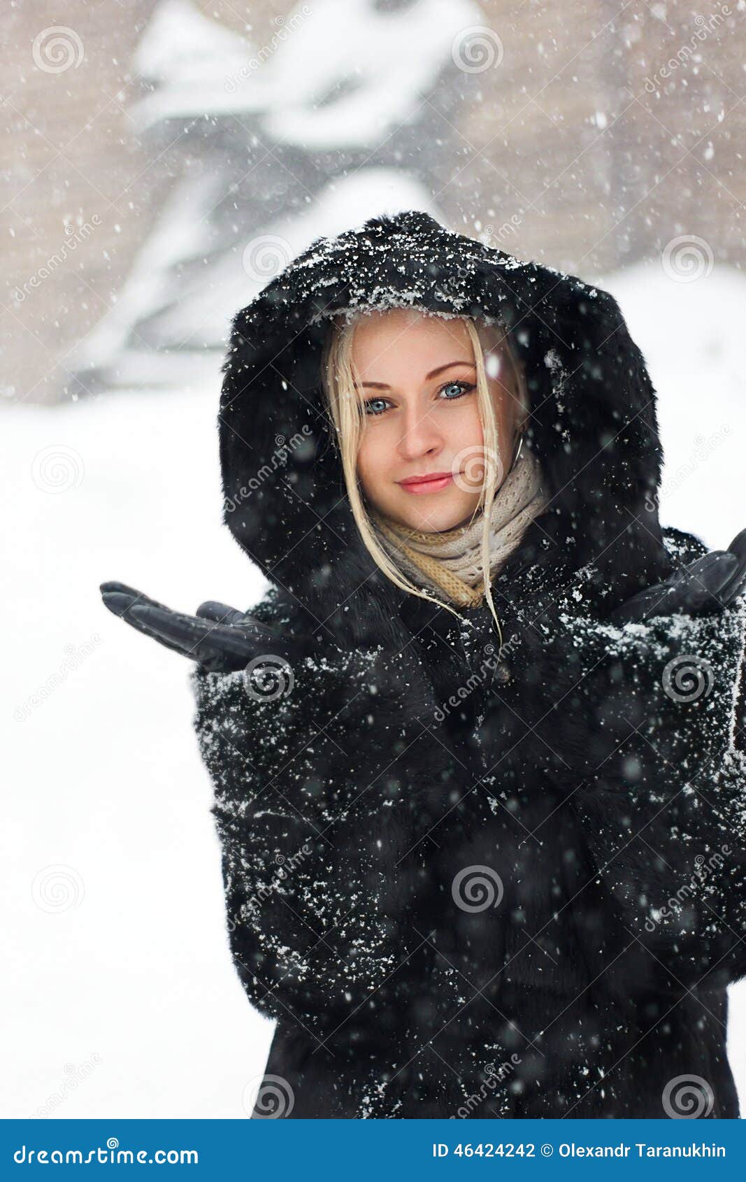 Girl in Black Coat and Snow Fall Stock Photo - Image of face, caucasian ...