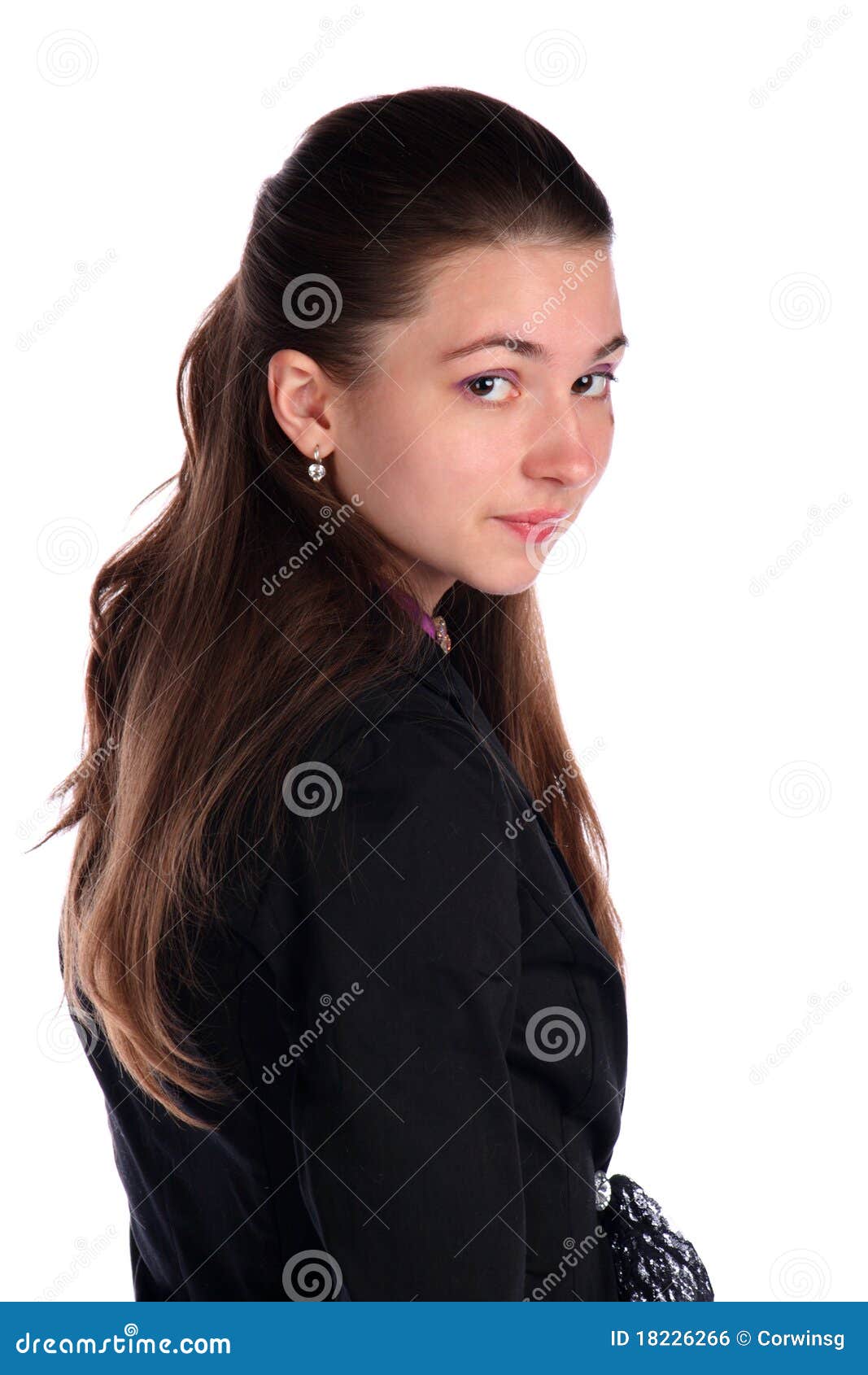 Girl In Black Suit Posing Side-view. Stock Photo - Image of haired ...