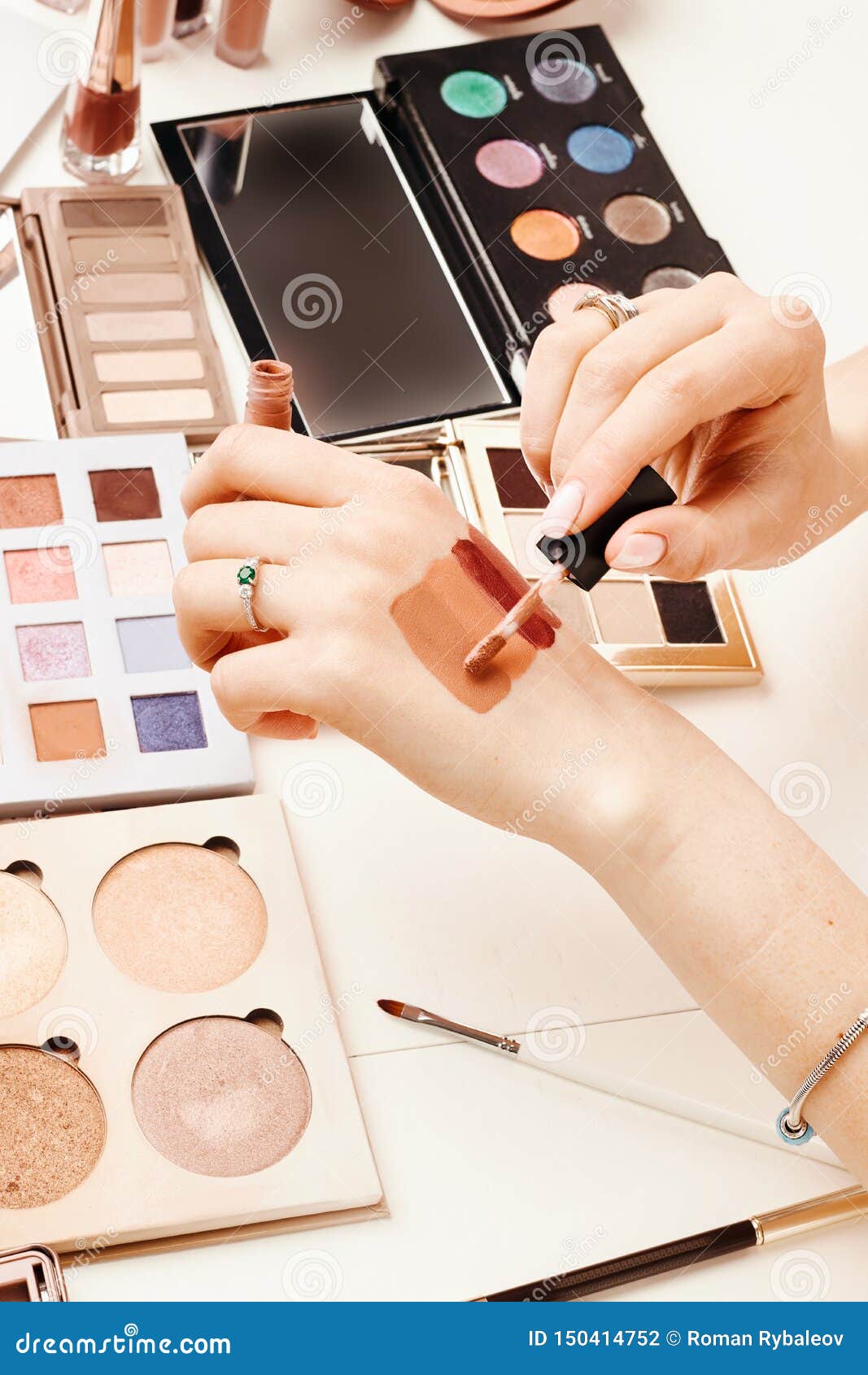 Girl Blogger Tests the Makeup on His Hand Stock Photo - Image of ...