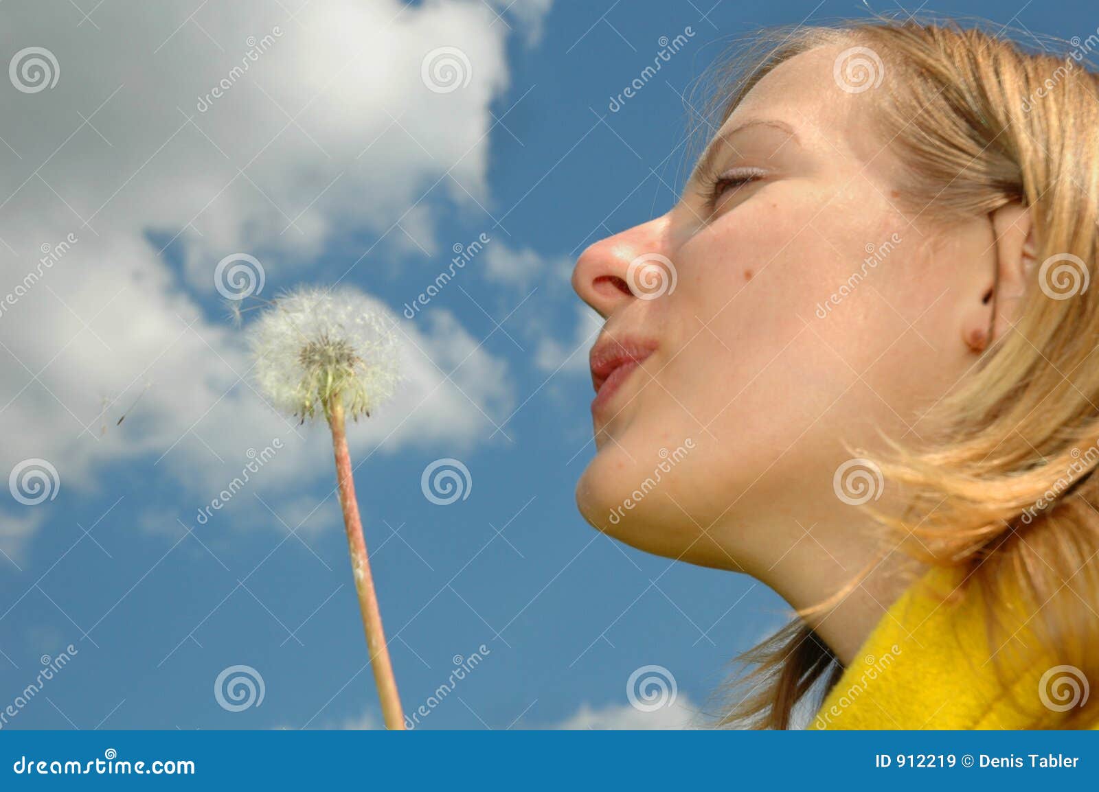 Girl blowing dandelion stock image. Image of good, wind - 912219