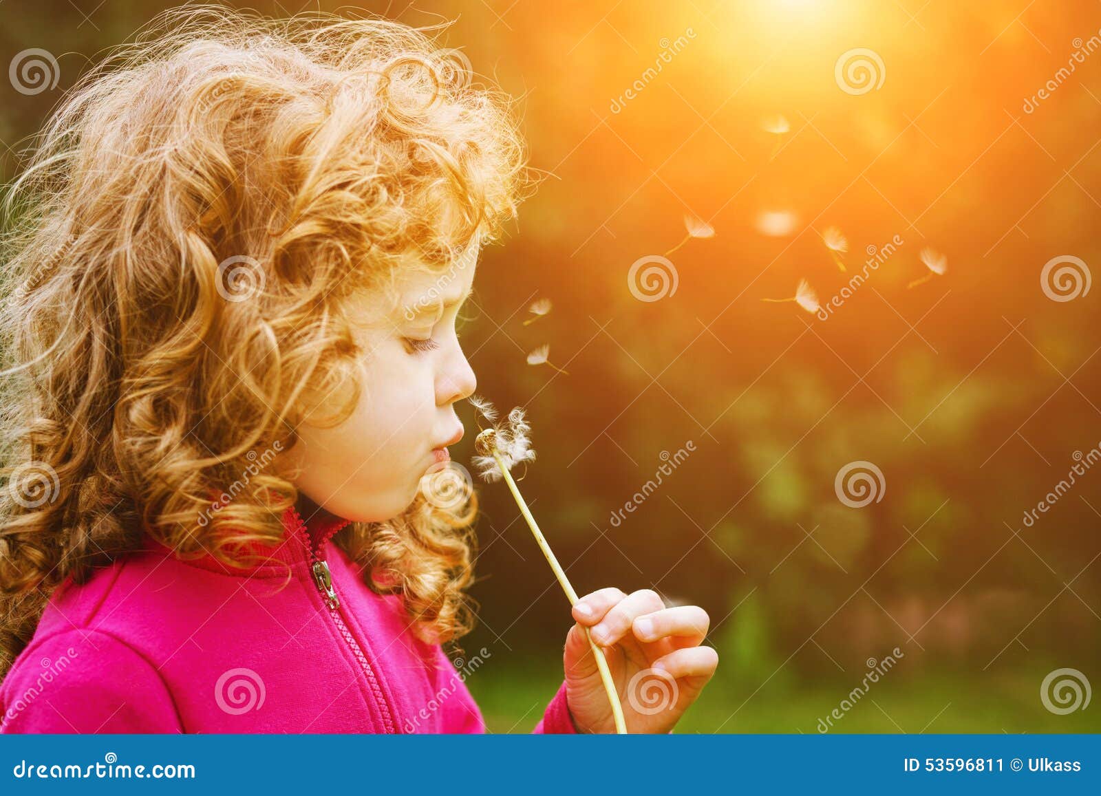 Girl Blowing Dandelion in the Rays of the Sun. Stock Image - Image of ...