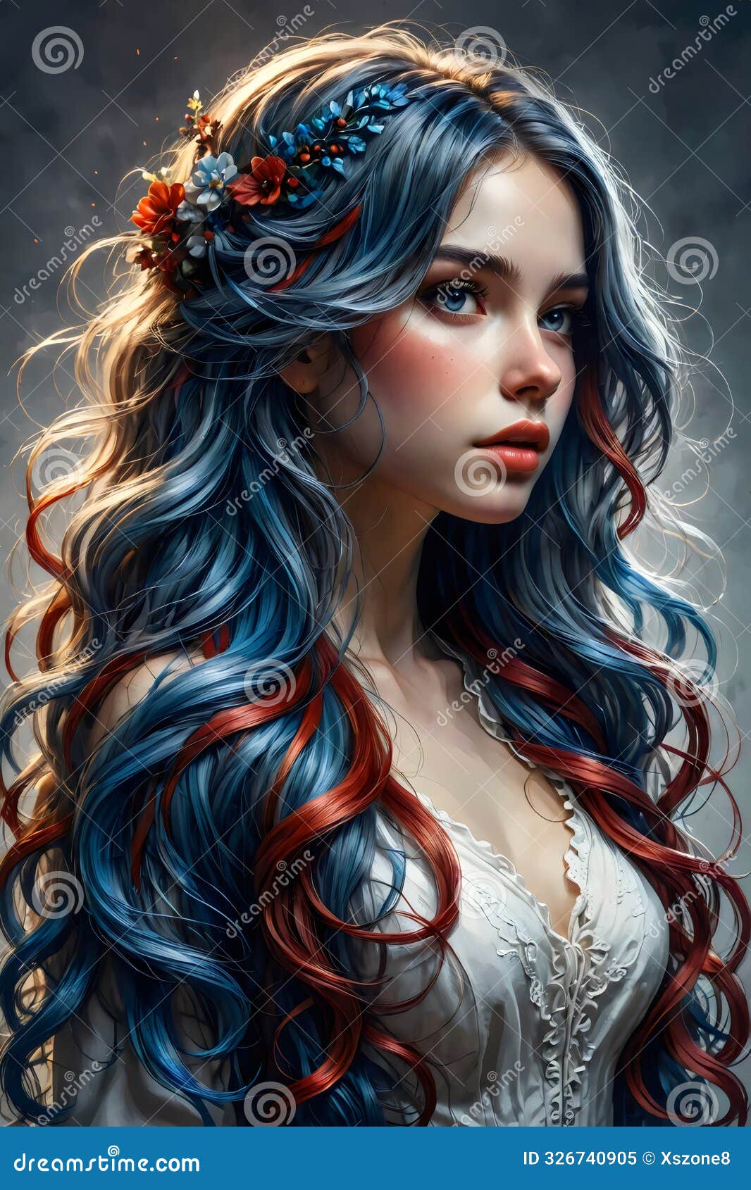 Girl With Blue Hair And A Flower In Her Hair Stock Illustration