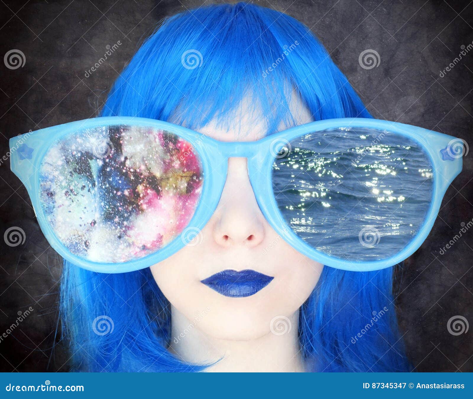 Girl With Blue Hair In Huge Eyeglasses Stock Image Image Of Fantasy Caucasian 87345347