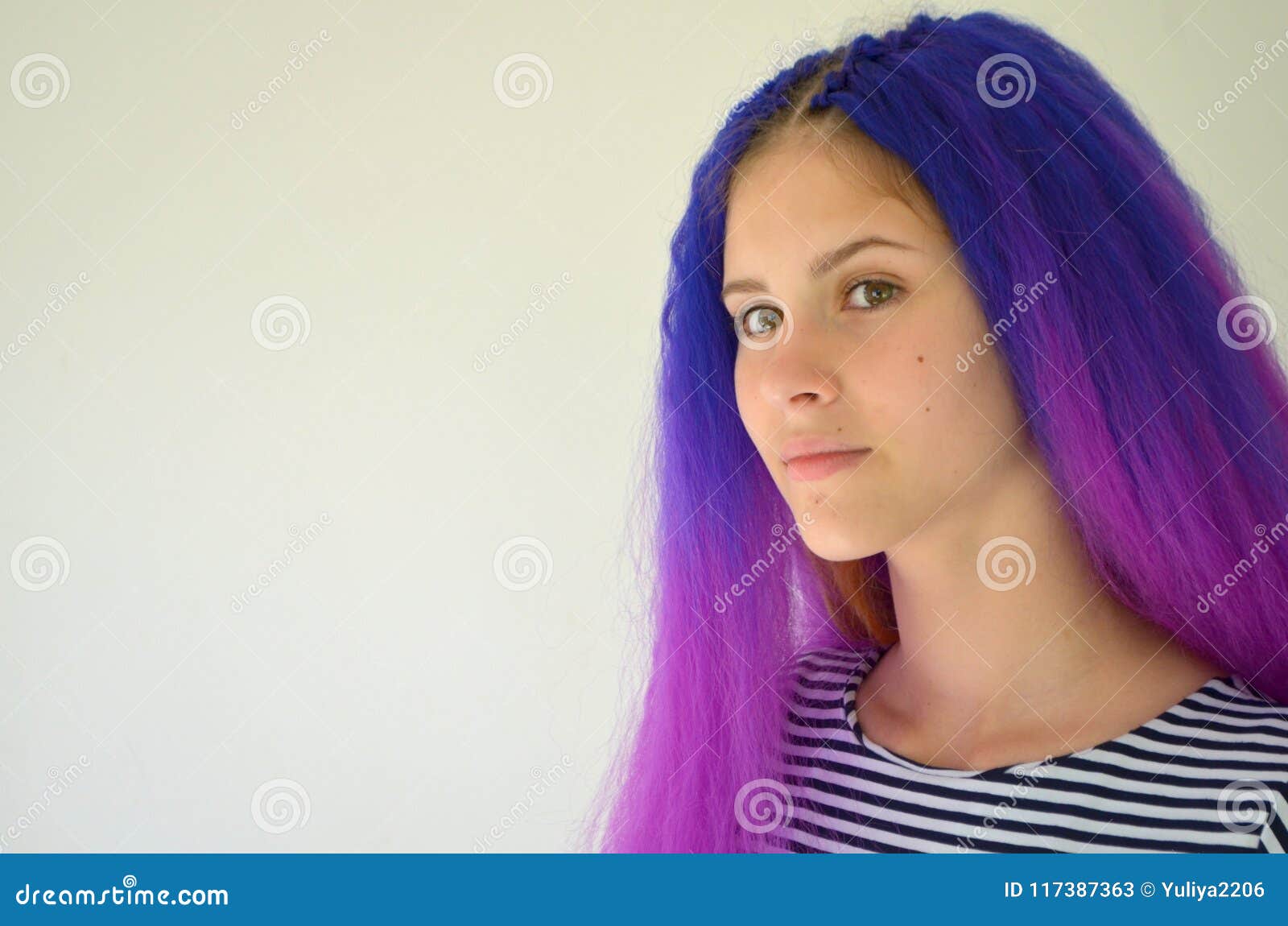Girl With Blue Purple Hair Technique Of Hair Extensions Kanekalon Nodular Way Stock Image
