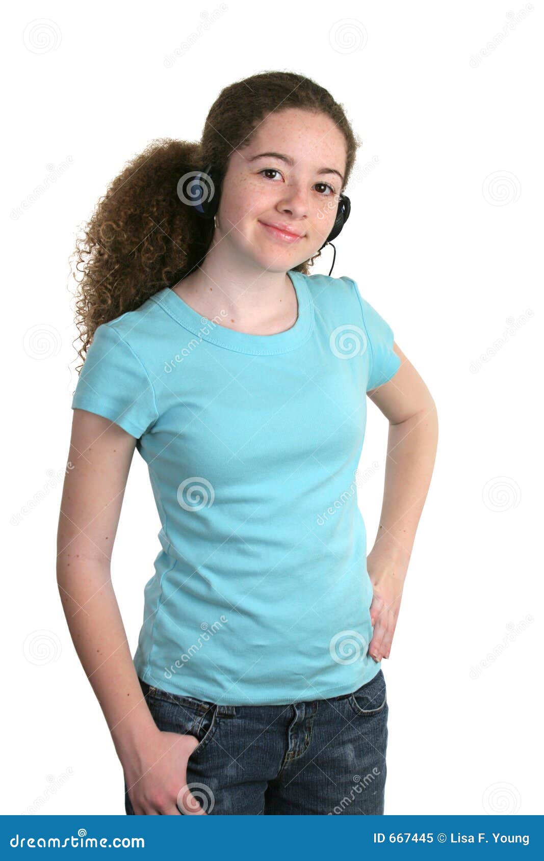 Girl Blue Shirt Headphones Stock Image Image Of Blank 667445