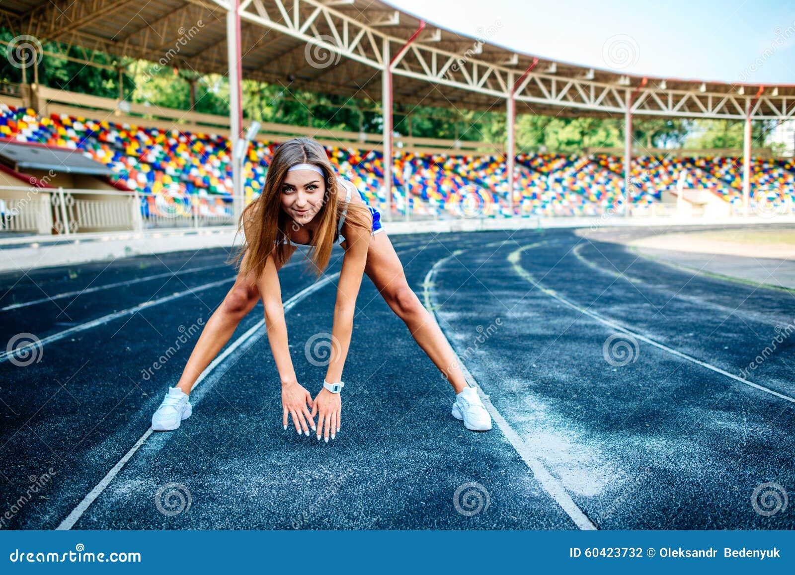 Girl in Blue Shorts Workout on Stadium Stock Photo - Image of body ...