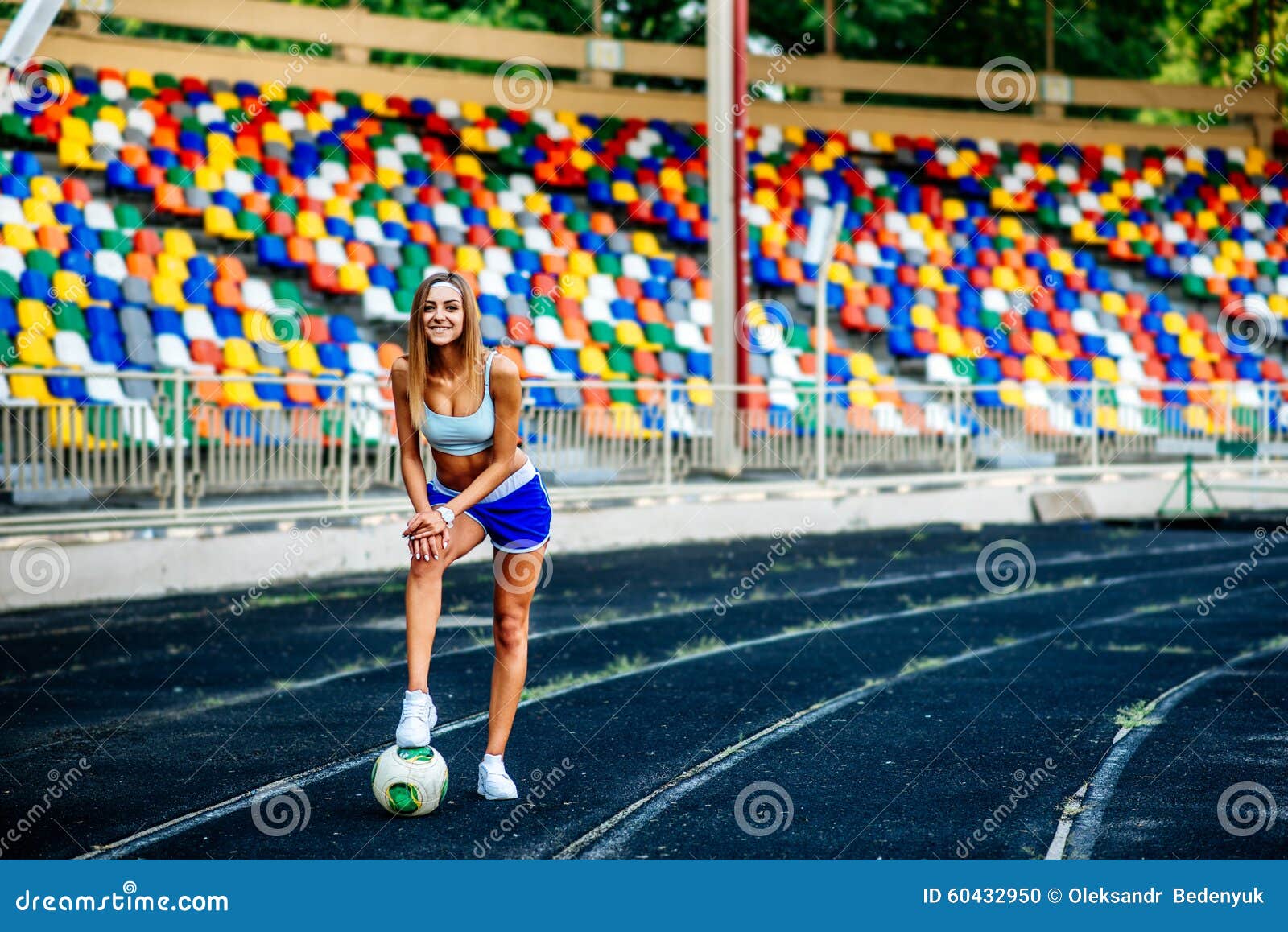 Girl in Blue Shorts Workout on Stadium Editorial Image - Image of ...