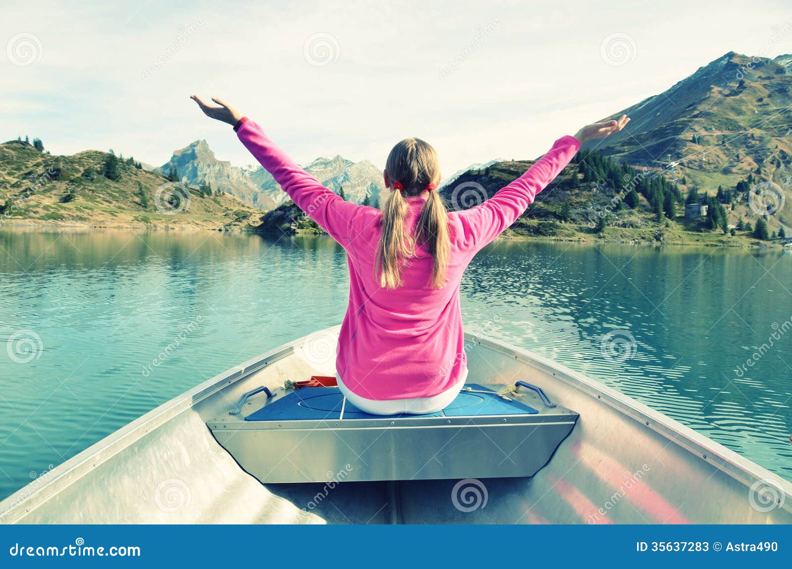 Girl on the boat stock image. Image of land, alpine, cold - 35637283