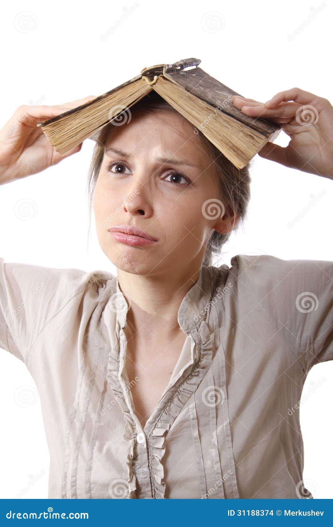 Girl with a Book on Her Head Stock Photo - Image of ennui, boredom ...
