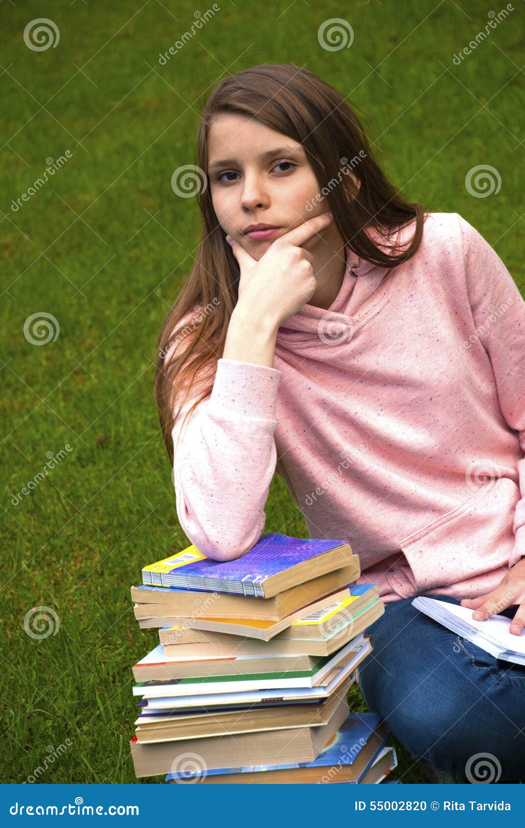 Girl with books stock photo. Image of novel, meadow, call - 55002820