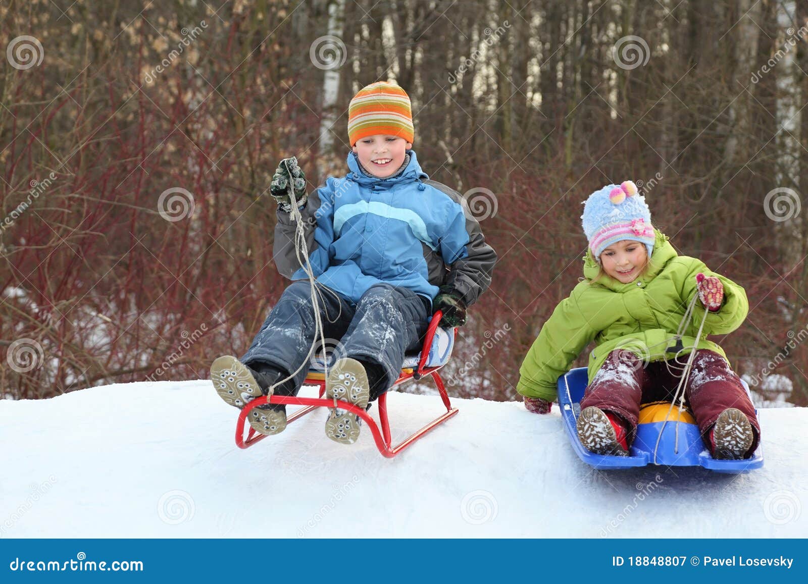 Girl and Boy Go Downward from Hill on Sledges Stock Image - Image of ...