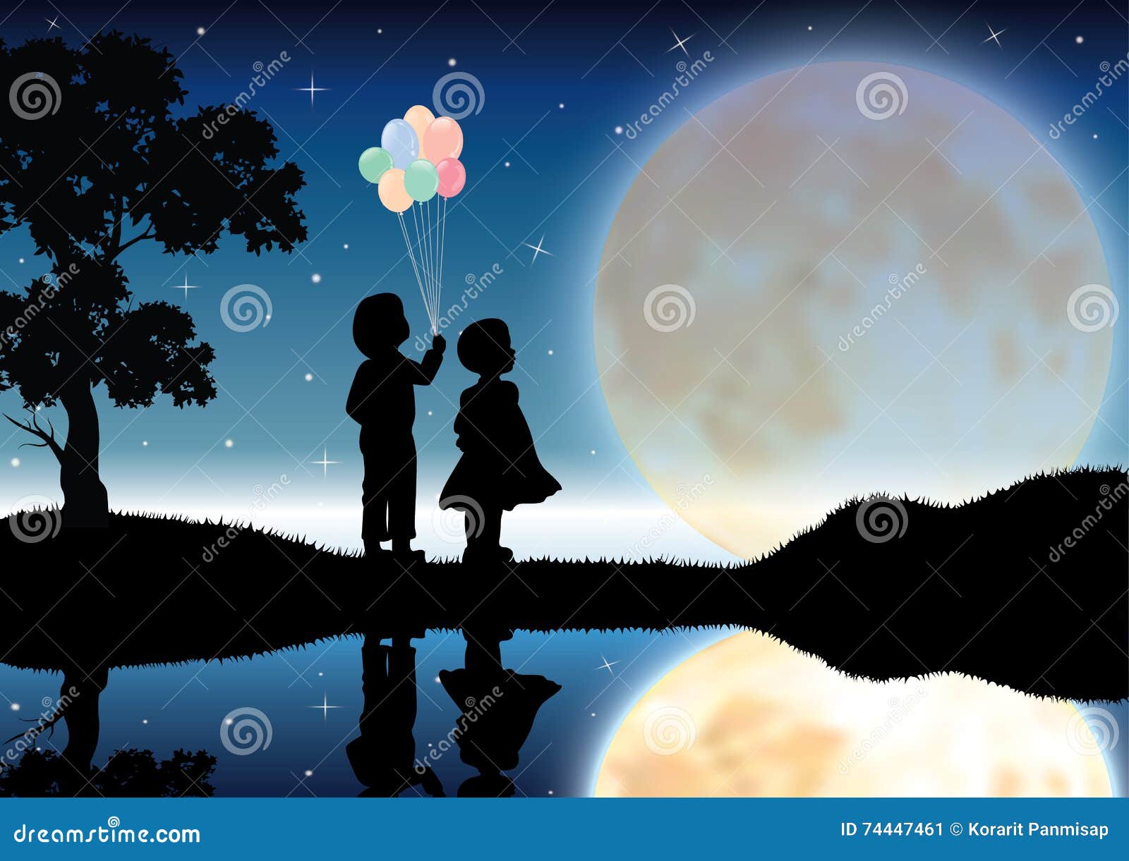 The Girl and Boy Looked Beautiful Moonlight. Vector Illustrations Stock ...