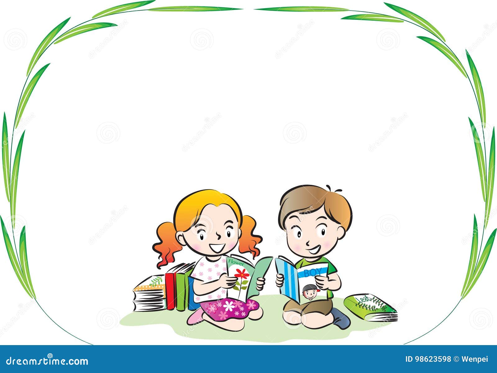 Girl and Boy Reading Book with Blank Border Stock Illustration ...
