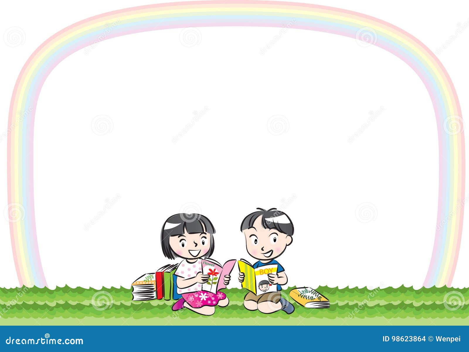 Girl and Boy Reading Book with Blank Border Stock Illustration ...