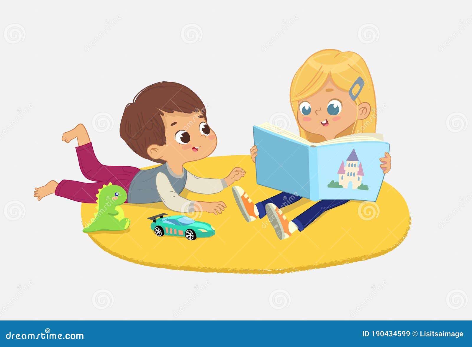 A Girl and a Boy Reading the Book in a Book Corner in the Kindergarten ...