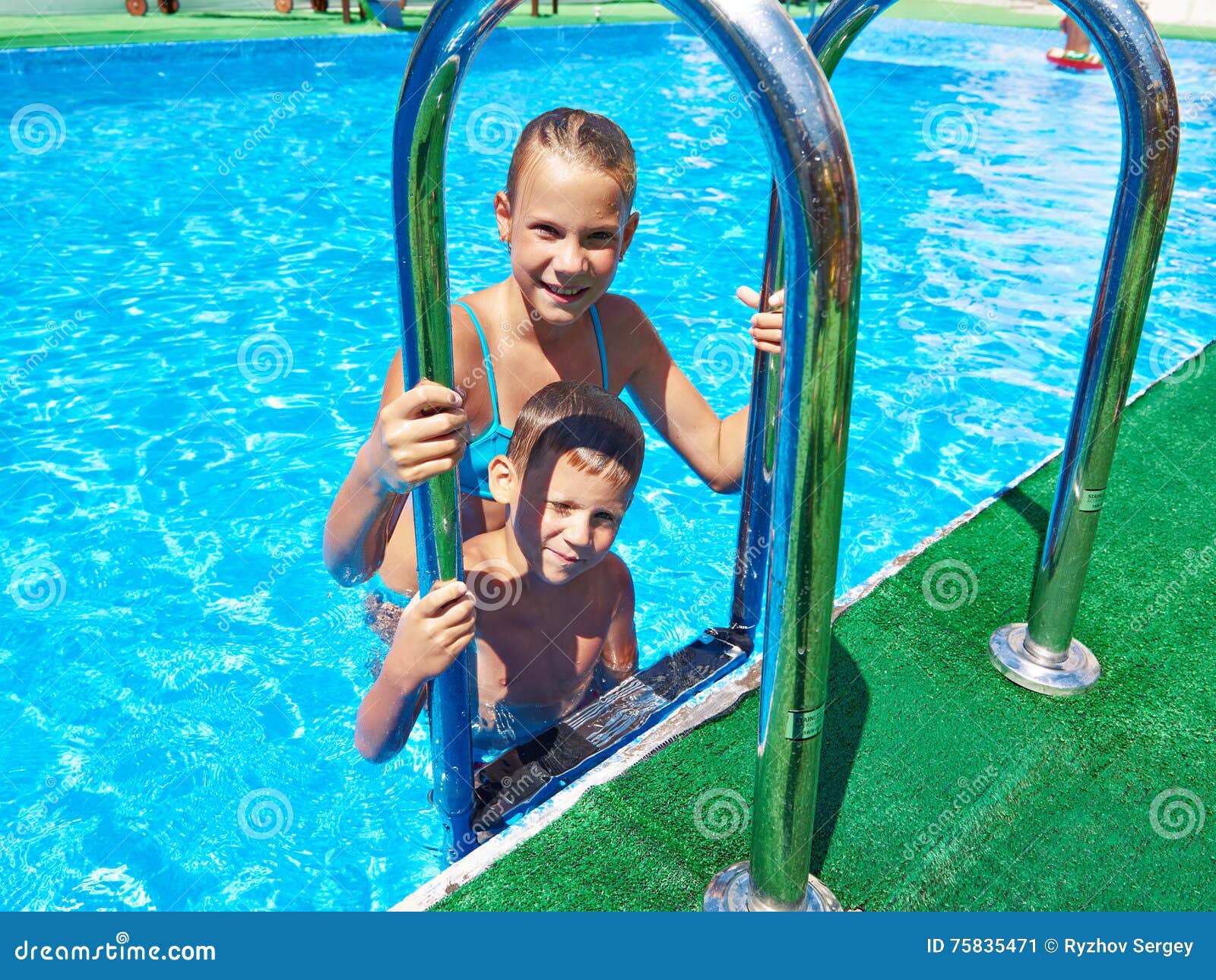 Girl and Boy in Resort Swimming Pool Stock Image - Image of exercise ...