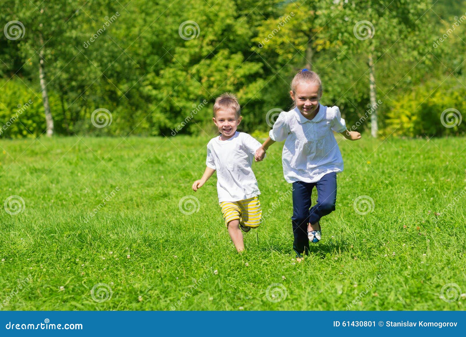 Girl and Boy Running on the Grass Stock Image - Image of outside, field ...