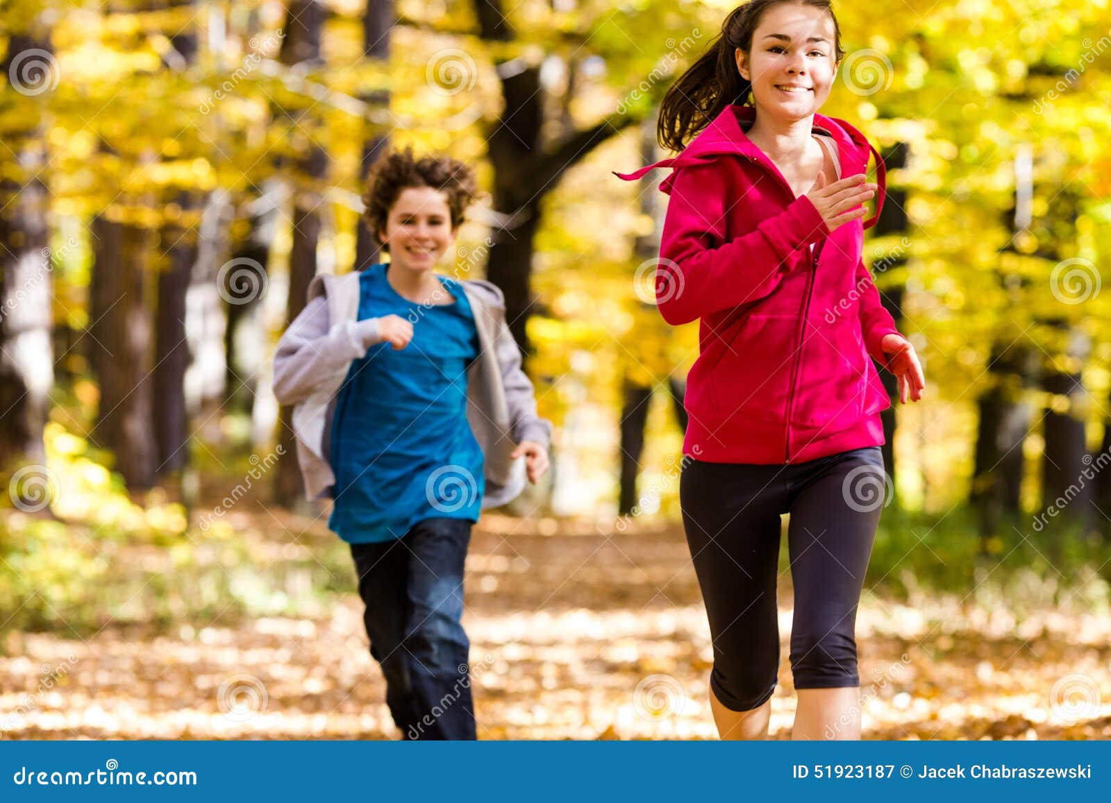Girl and Boy Running, Jumping in Park Stock Image - Image of horizontal ...