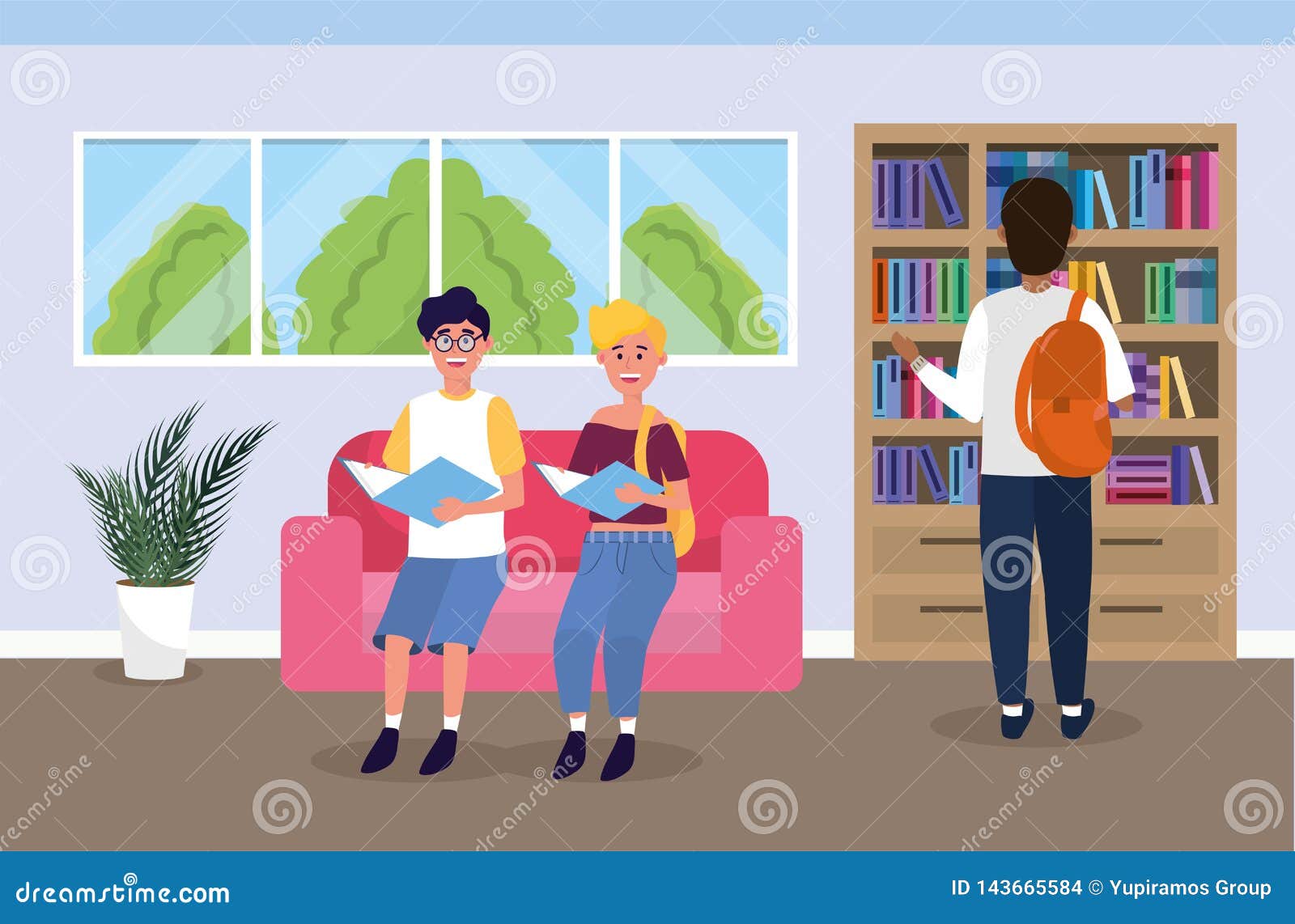 Girl and Boy in the University Library with Book Stock Vector ...