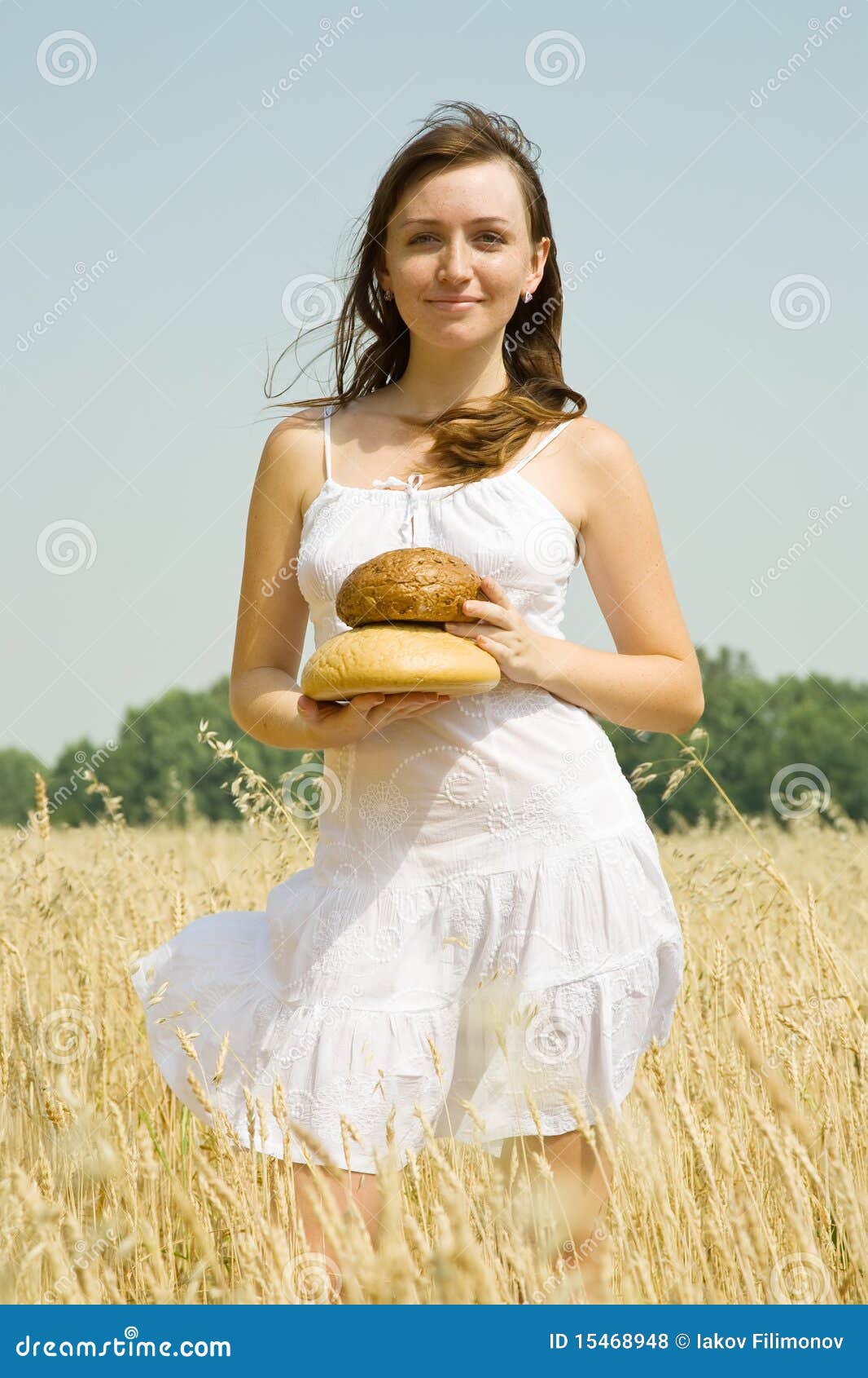Girl with Bread at Cereals Field Stock Photo - Image of natural ...