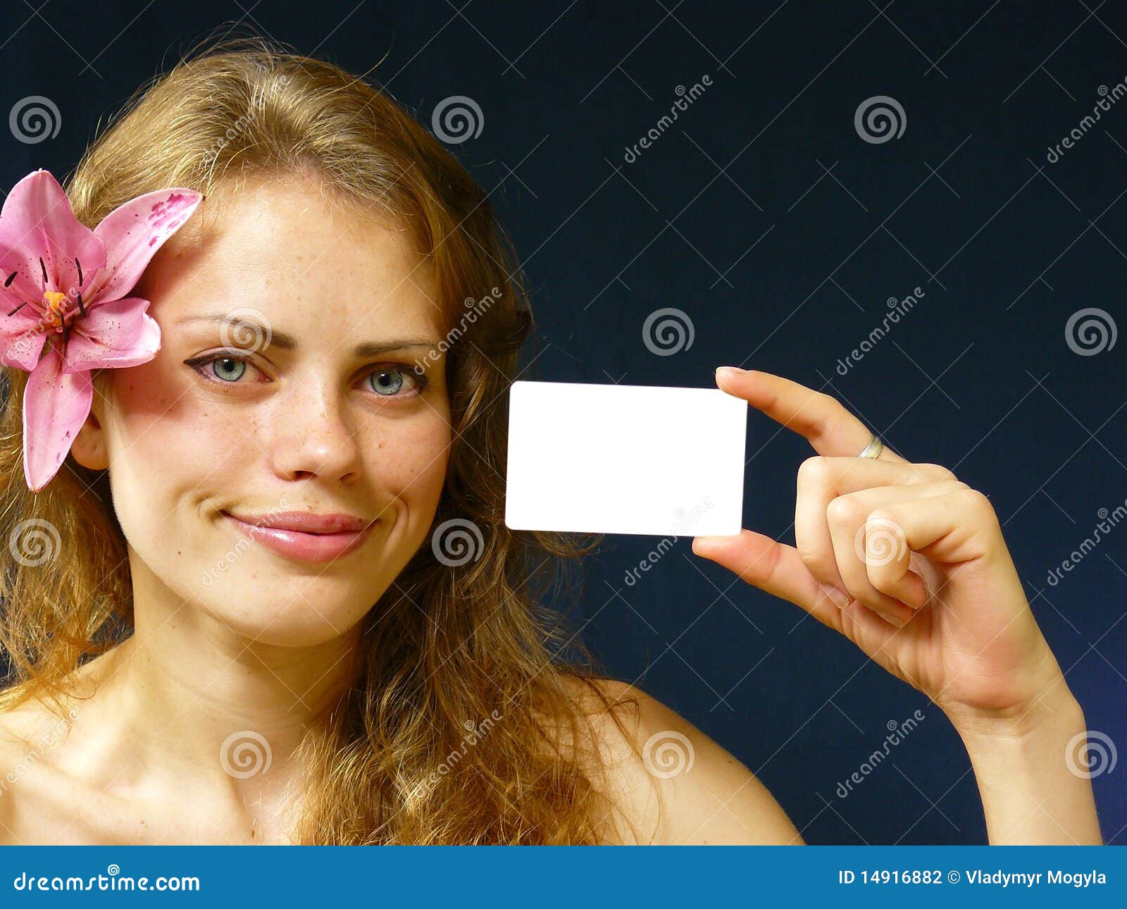 Girl with a business card stock photo. Image of lips - 14916882