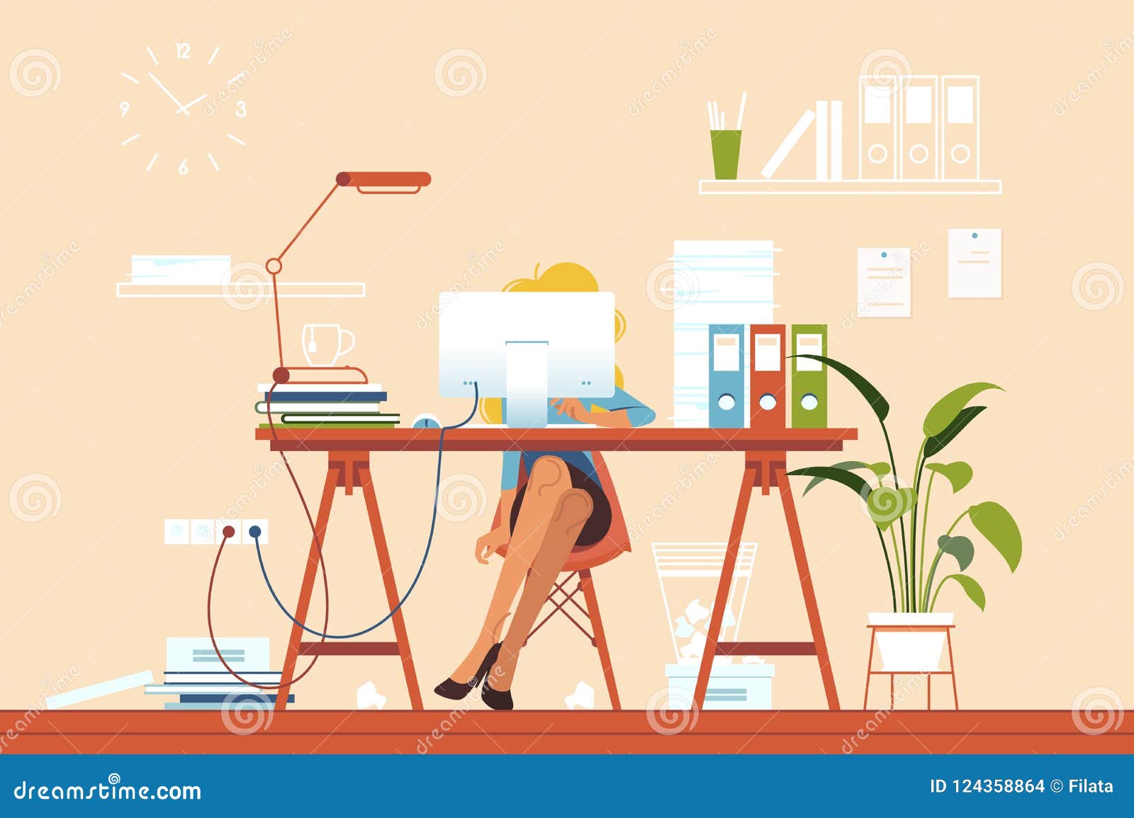 Girl Busy at Workplace with Pile of Papers Stock Vector - Illustration ...