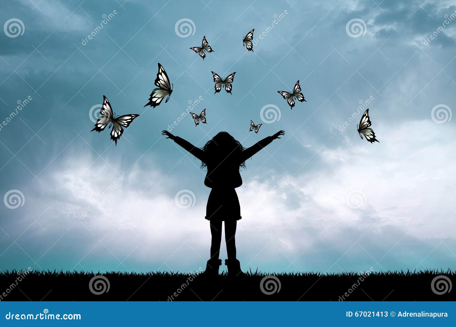 Girl and butterflies stock illustration. Illustration of season - 67021413