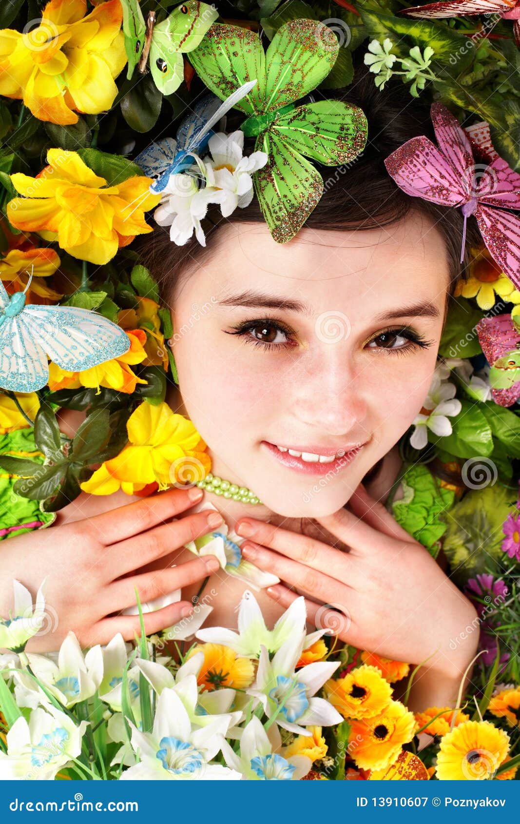 Girl with Butterfly on Green Grass. Stock Image - Image of glamour ...