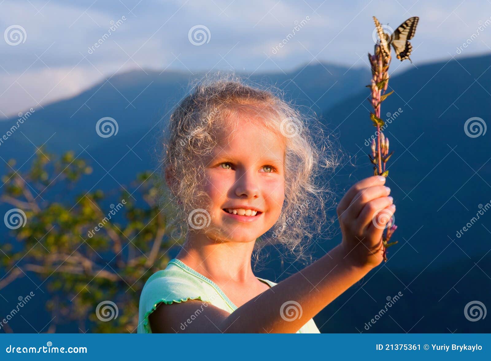 Girl and Butterfly in Sunset Mountain Stock Image - Image of nature ...