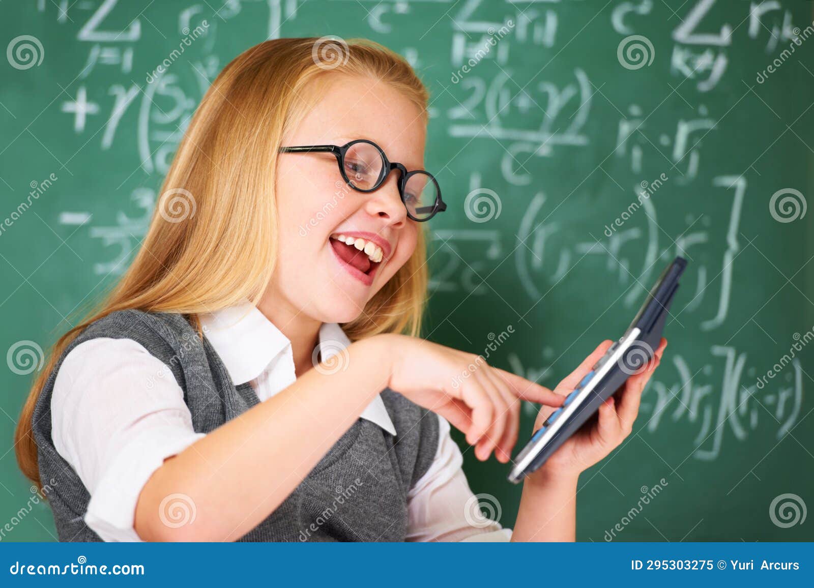 Girl, Calculator and Happy for Education, Learning and Problem Solving ...