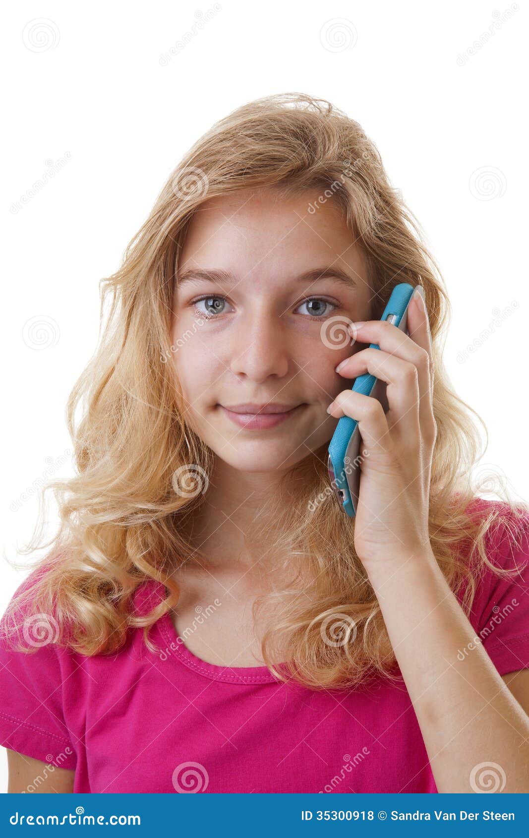 Girl is Calling on Mobile Phone Over White Background Stock Photo ...