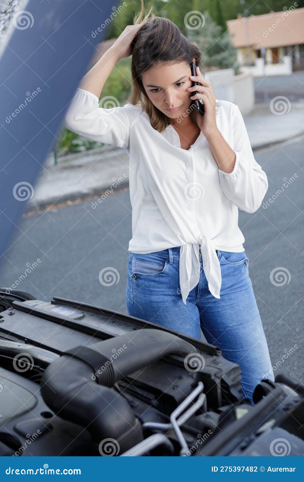 Girl Calls Car Insurance Broken Car Stock Photo - Image of female ...