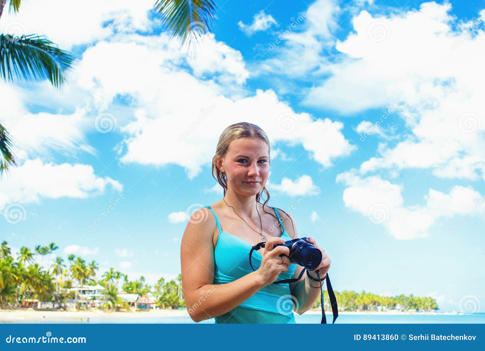 Girl with camera stock photo. Image of girl, beach, caucasian - 89413860