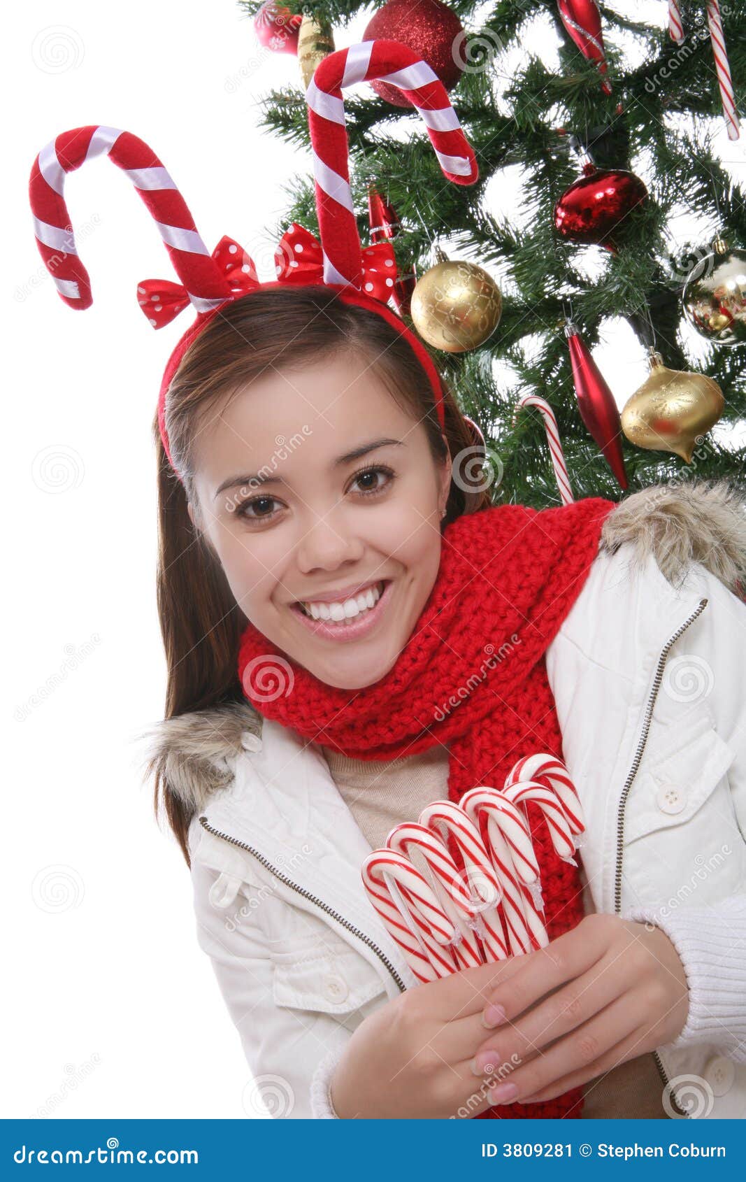 Girl with Candy Cane Antlers Stock Image - Image of tree, christmastime ...