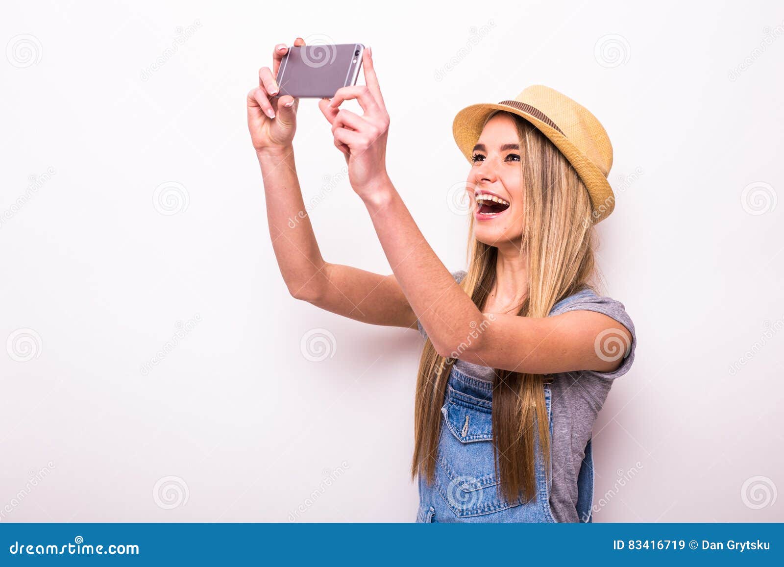 Girl in Cap Making Selfie on Smartphone Stock Image - Image of ...