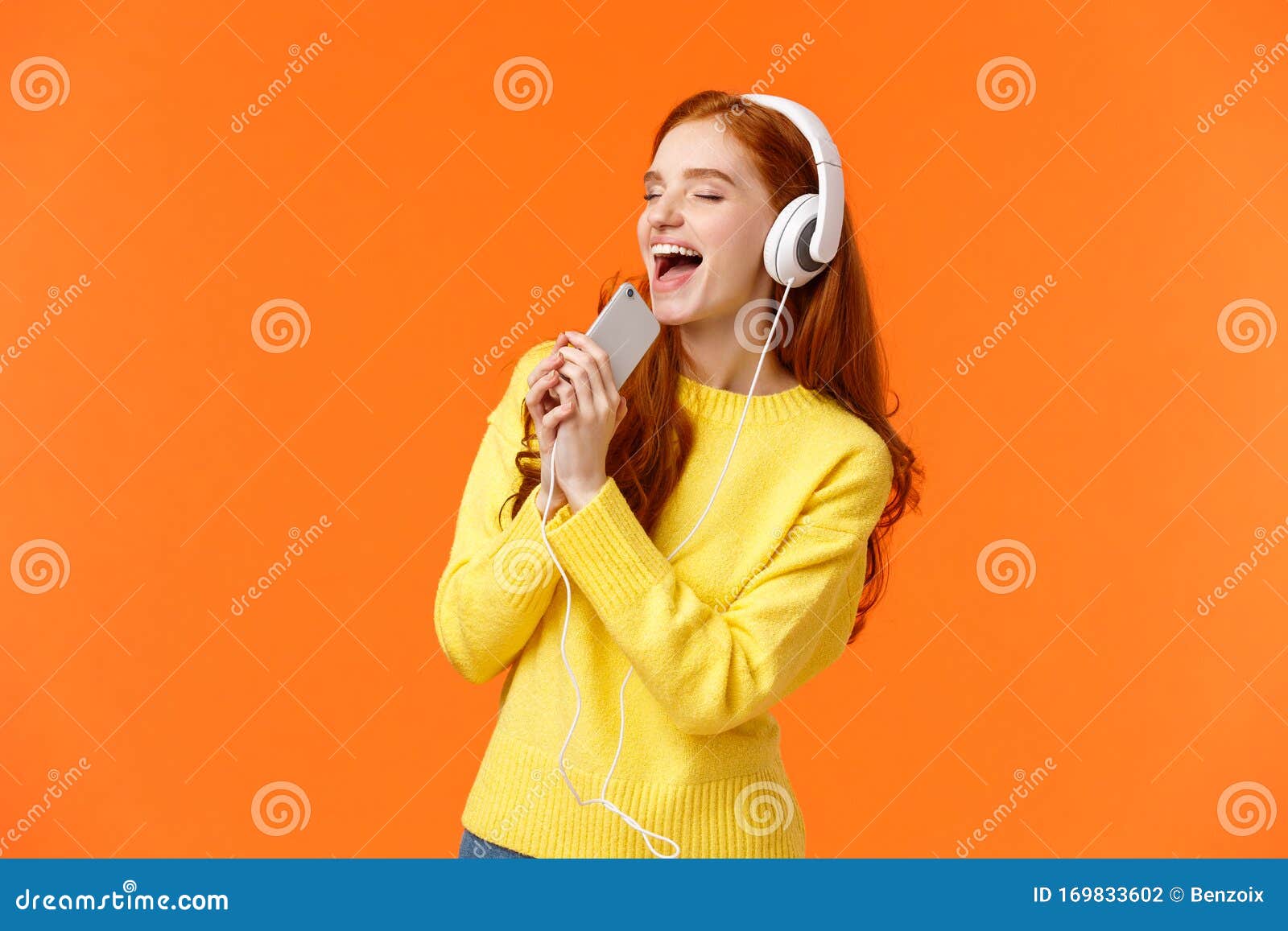 Girl Carried Away While Listen Favorite Track Pretty Redhead Female
