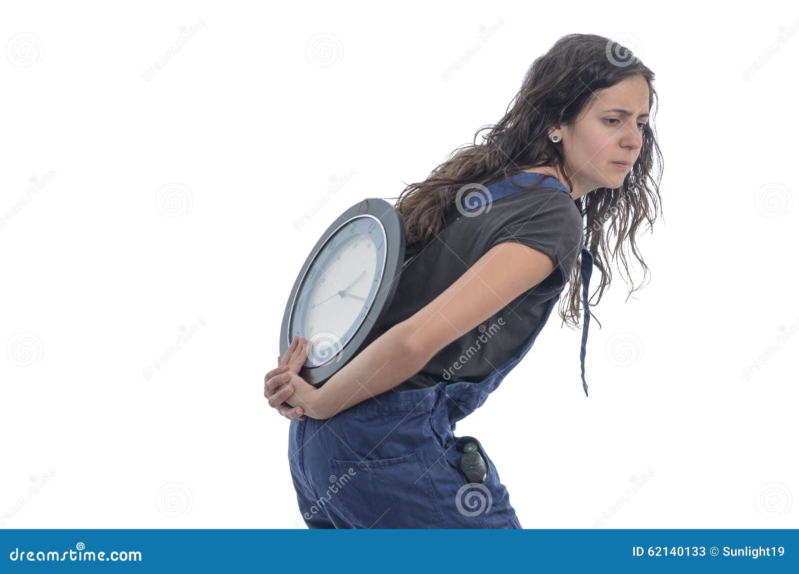 Girl is Carrying a Clock in Her Back. Stock Image - Image of heavy ...