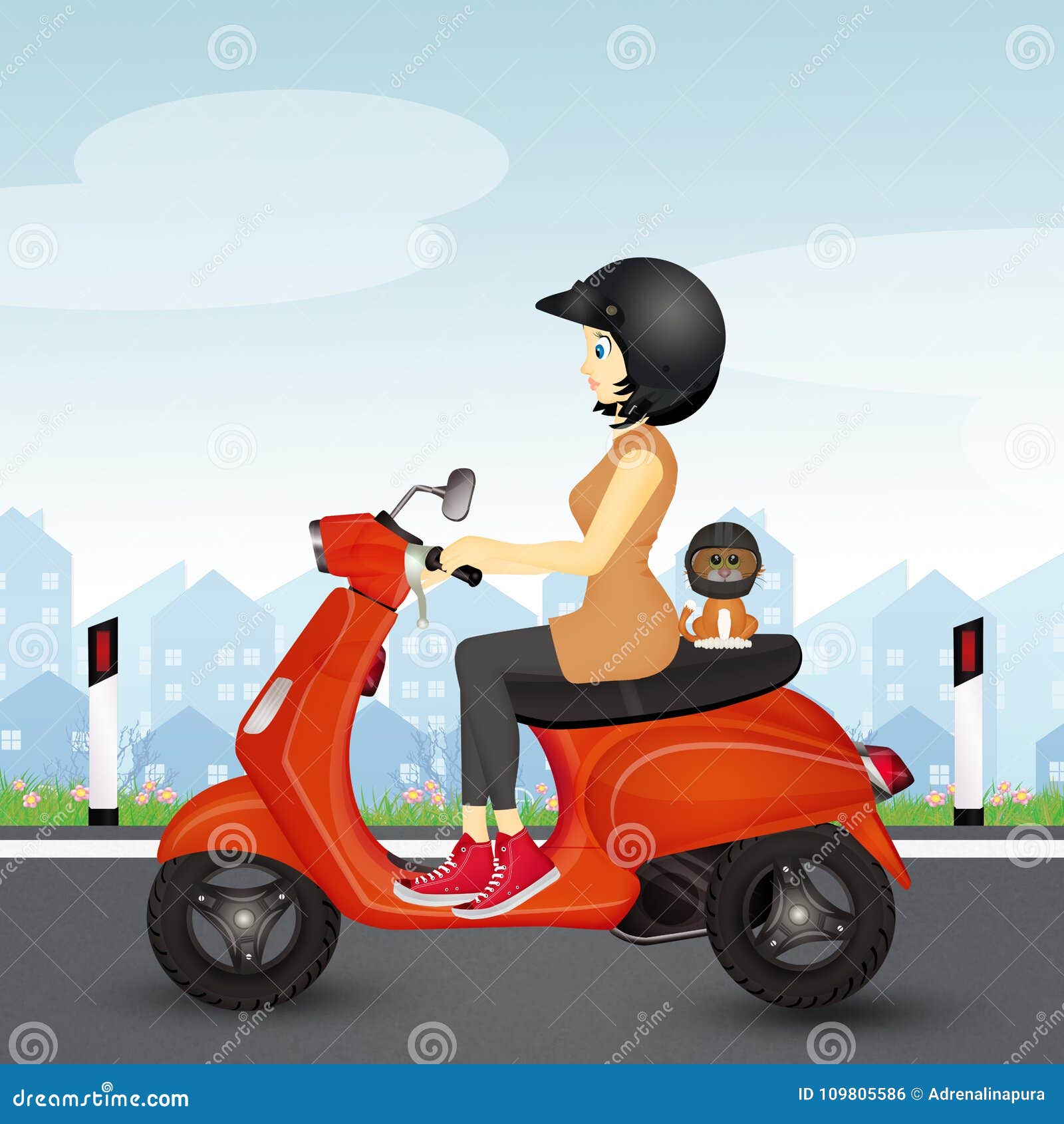 Girl and cat on scooter stock illustration. Illustration of girl ...