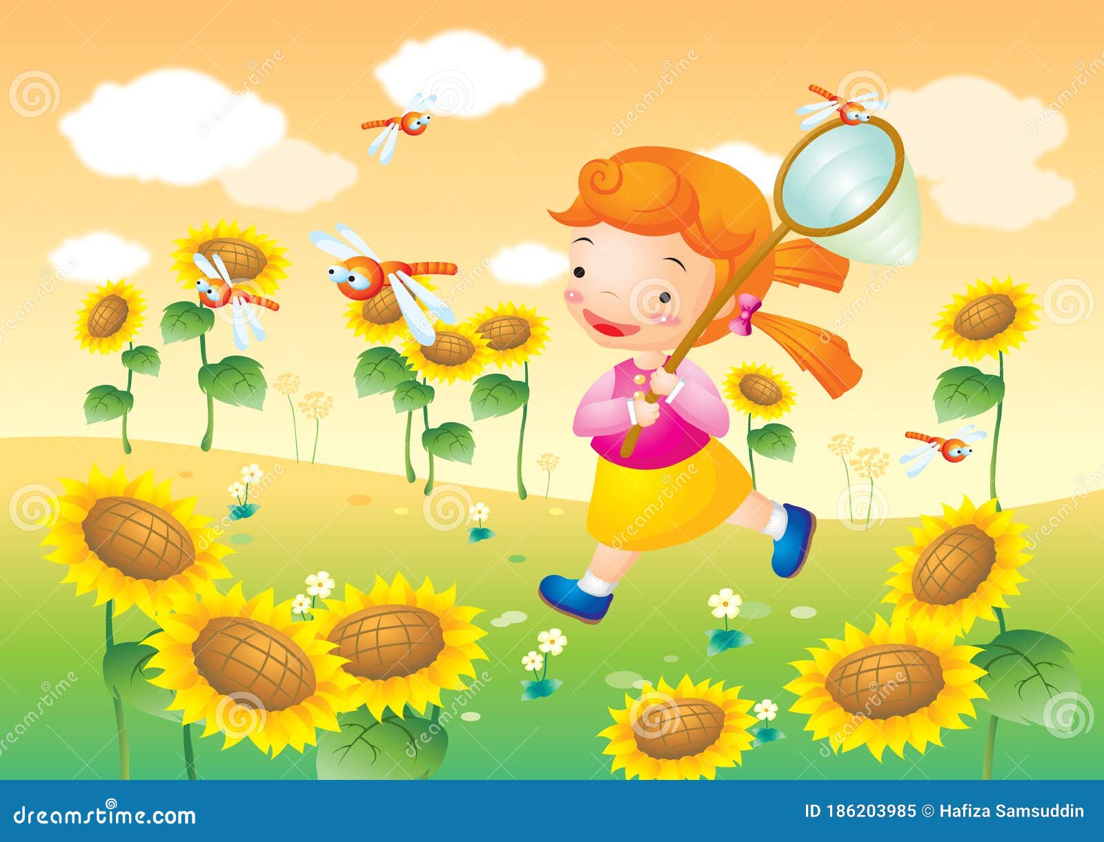 Girl Catching Dragonfly with Net. Vector Illustration Decorative Design ...