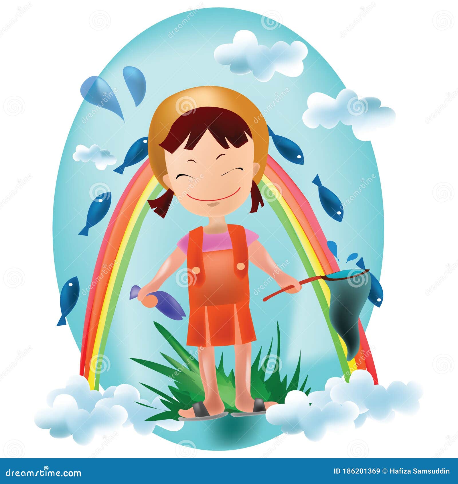 Girl Catching Fish with Net. Vector Illustration Decorative Design ...